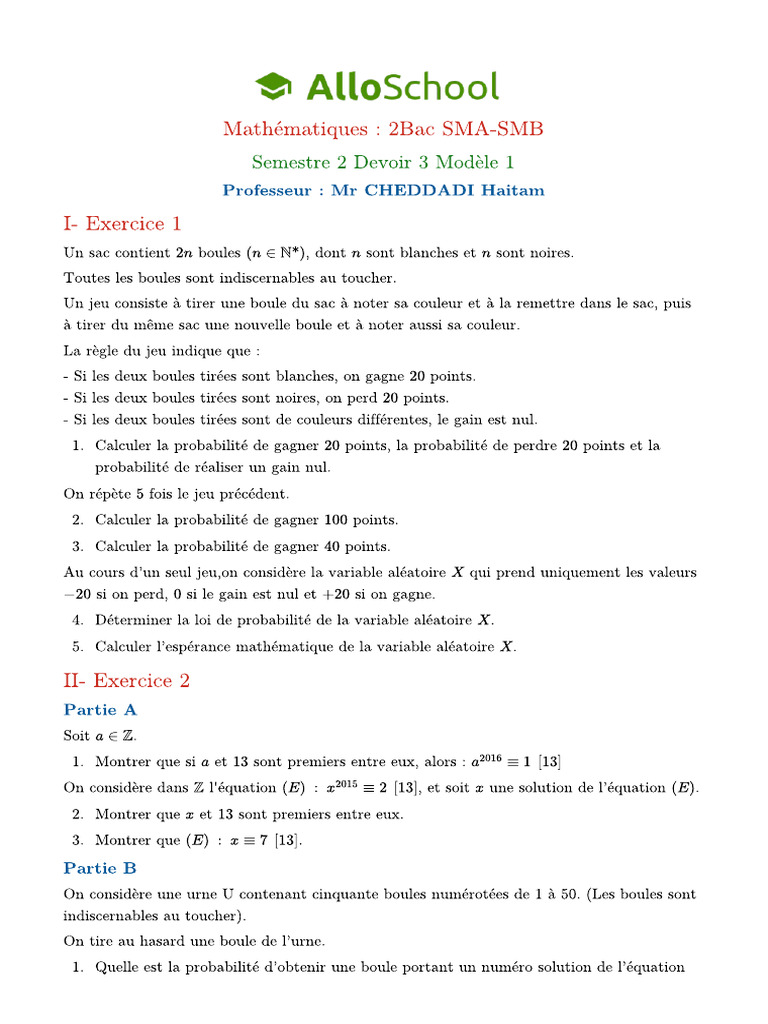 Maths 2bac SM Semestre 2 Devoir 3 Modele 1 1 | PDF