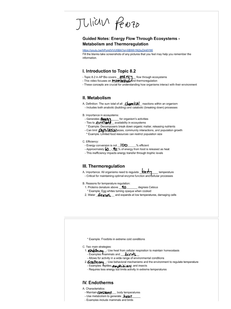 Guided Notes Ecotherm Vs Endotherm 8.2 | PDF