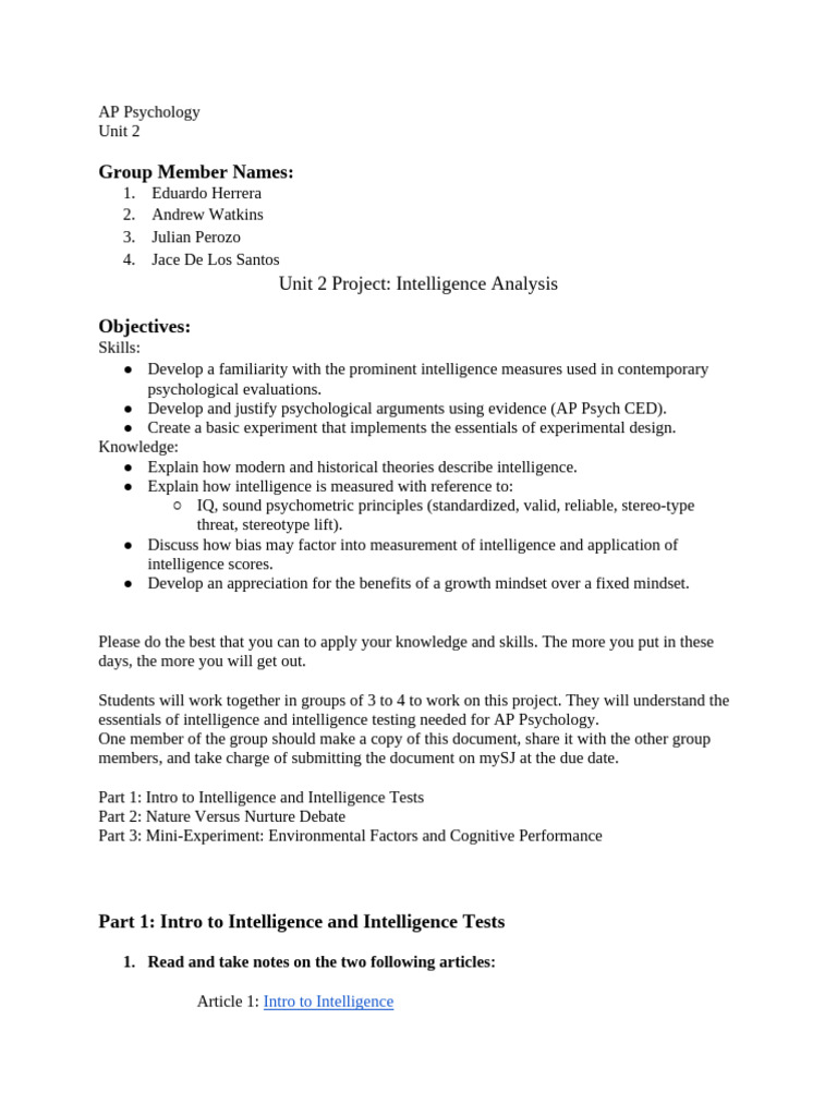 AP Psychology - Unit 2 Project | PDF | Intelligence Quotient | Intelligence
