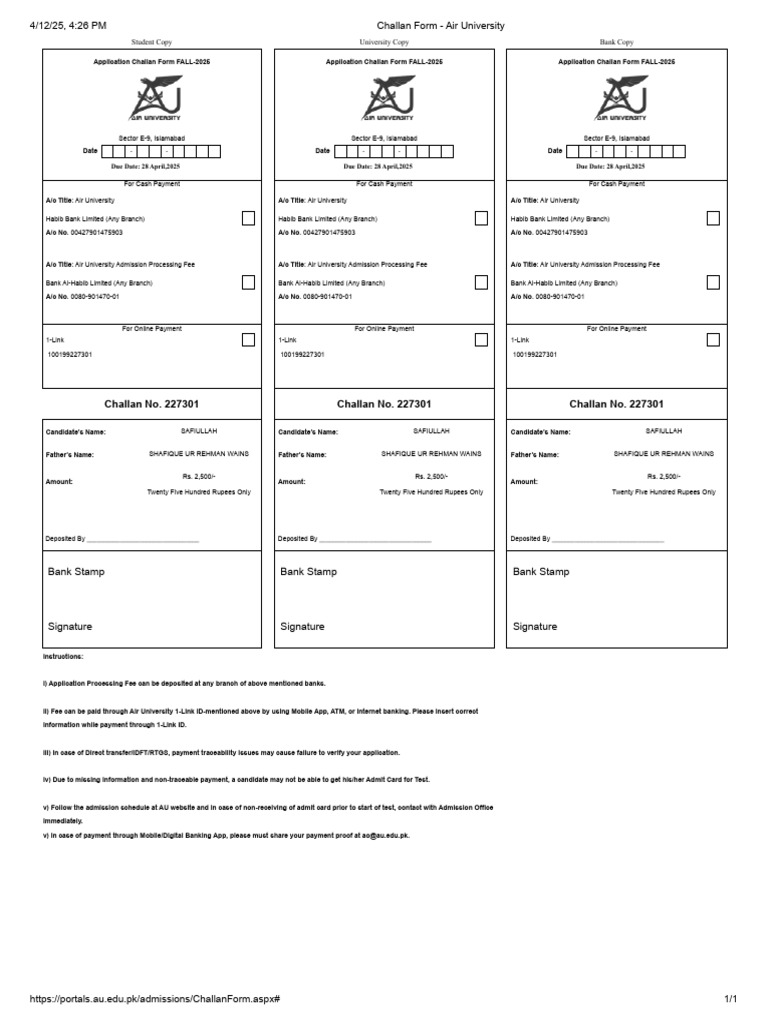 Challan Form - Air University | PDF | Banks | Financial Technology