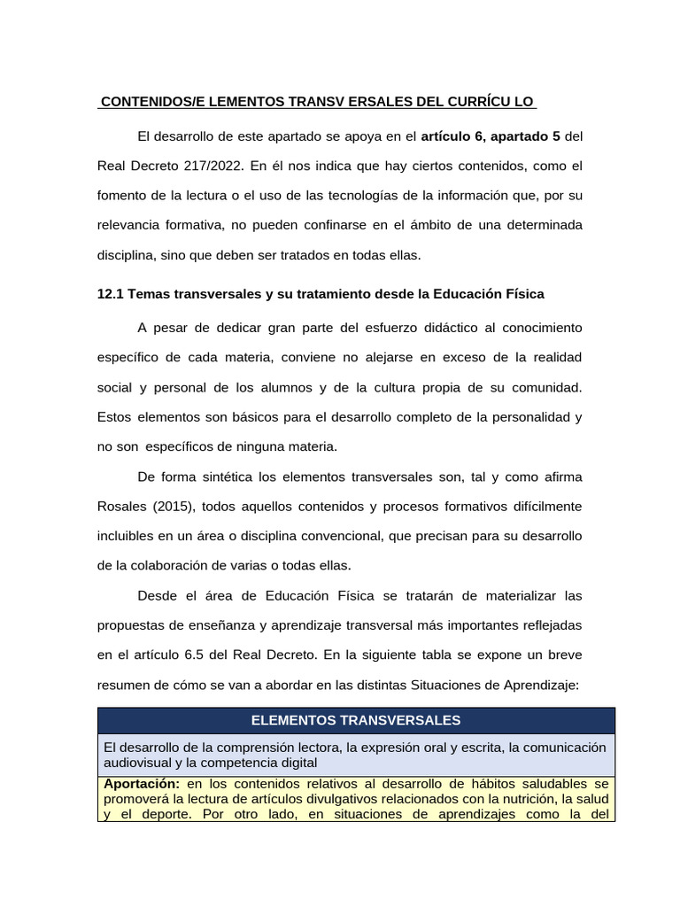 PROGRAMACIÓN PARTE 9 ELEMENTOS TRANSVERSALES DEL CURRICULO ESO.docx | PDF | Enseñando | Plan de ...