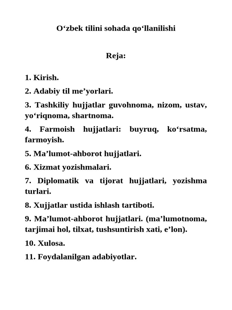 O'zbek Tilini Sohada Qo'llanilishi 1-2-3 | PDF
