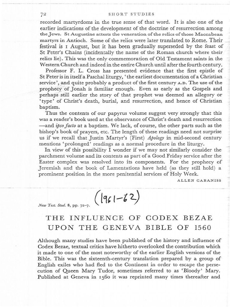 The Influence of Codex Bezae (NTS 8 1961-62, pp72-77) | PDF | Saint ...