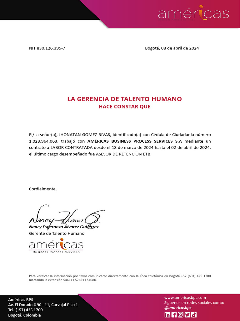 Certificación Laboral Jhonatan Gomez Rivas | PDF