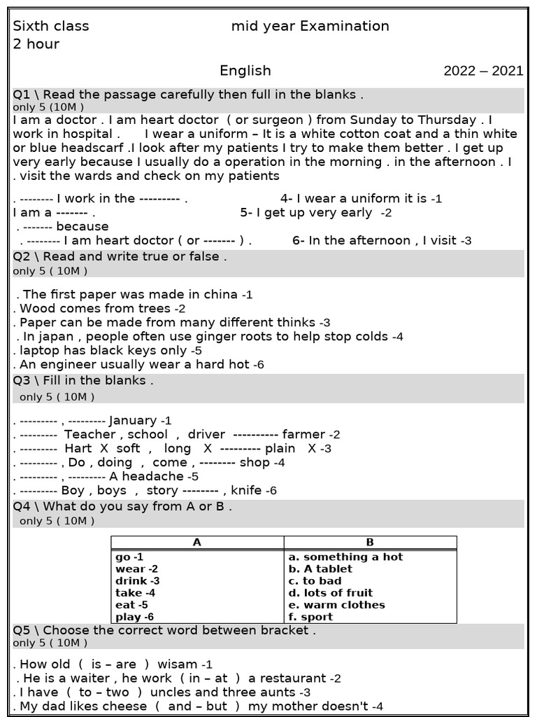 Sixth Grade English Mid-Year Exam 2021 | PDF