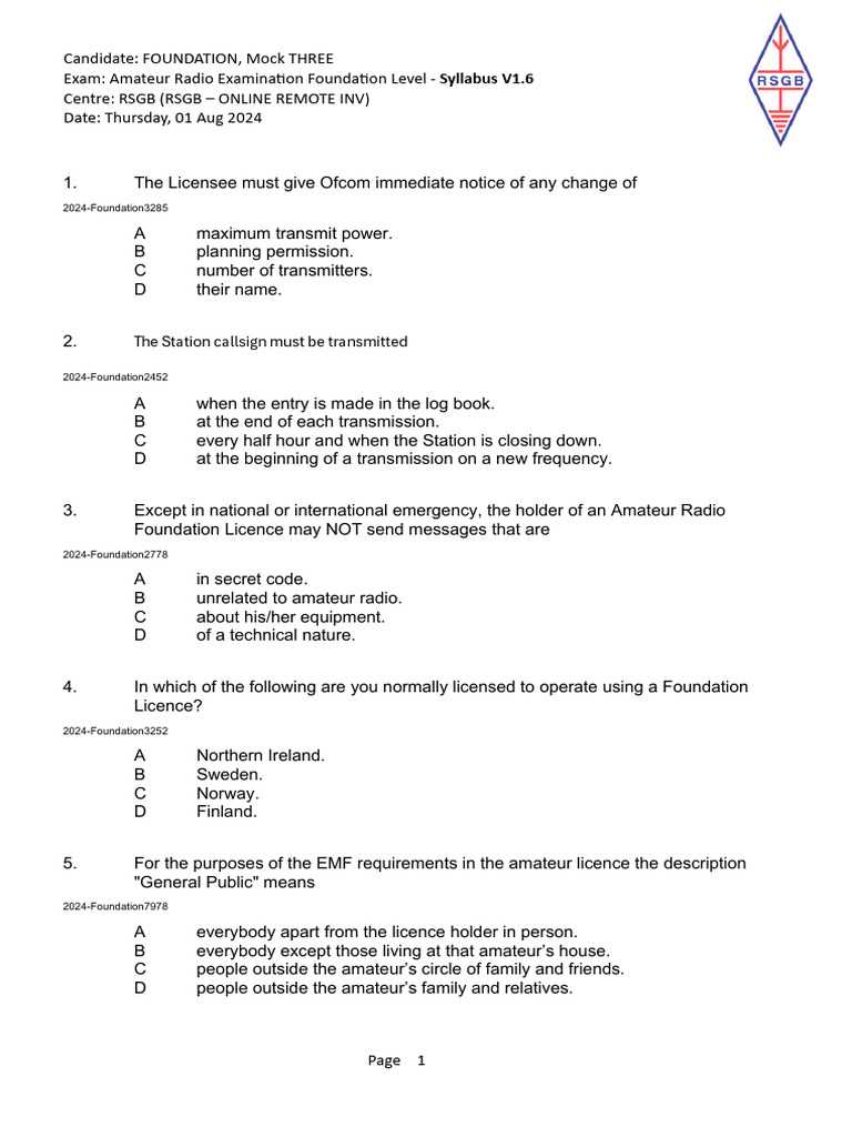 RSGB Foundation Mock Exam Paper 3 | PDF | Very High Frequency | Radio