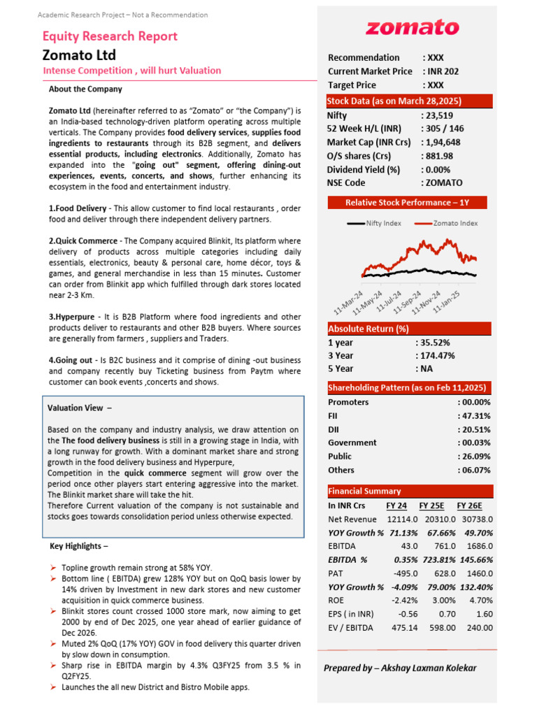 Zomato Equity Research: Valuation Insights | PDF | E Commerce | Gross ...