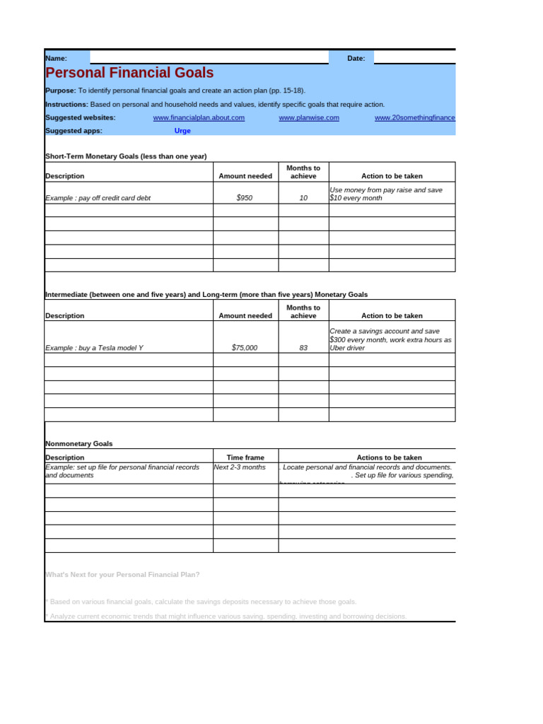 Personal Financial Goals Action Plan | PDF | Money | Debt