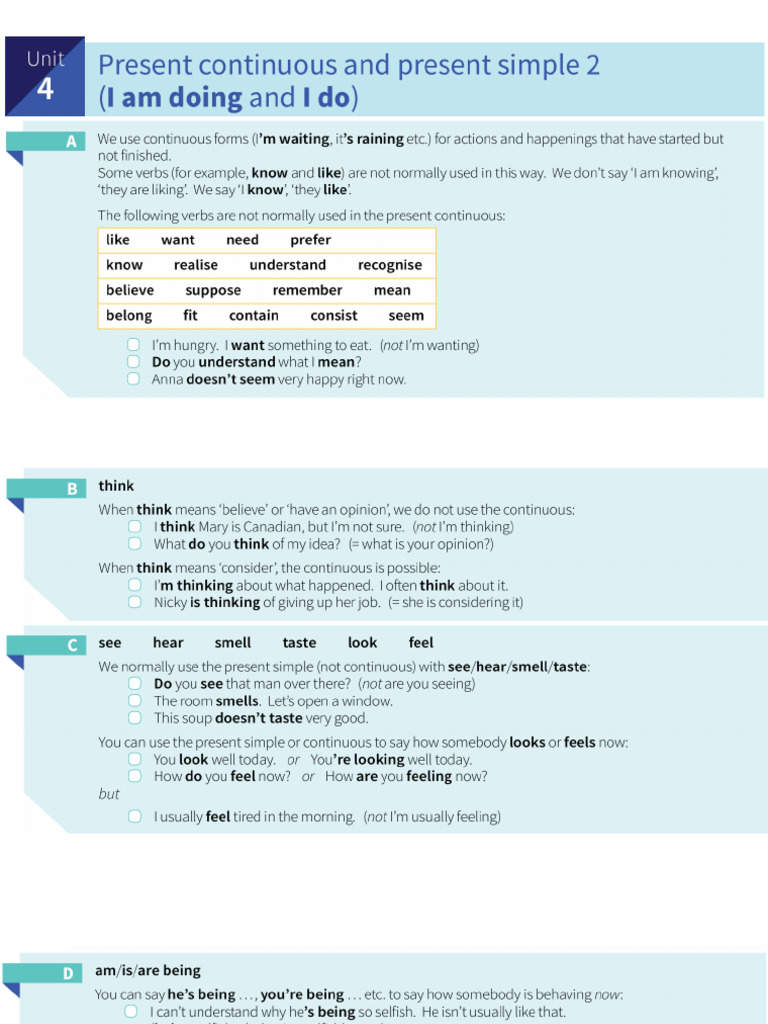 Unit 4 - English Grammar in Use (Present Continuous and Present Simple 2) | PDF