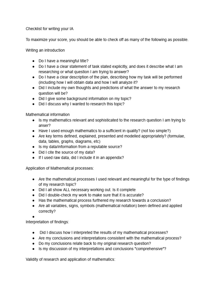 Checklist For Writing Your IA | PDF | Mathematics | Interpretation (Logic)