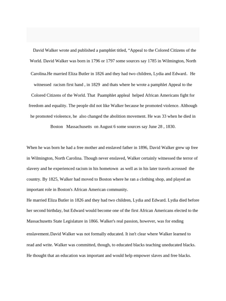 David Walker by Zachary | PDF | African Diaspora | Society Of The ...