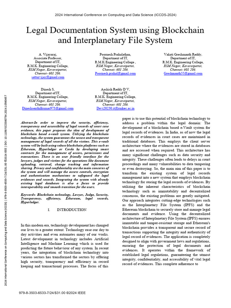 Legal Documentation System Using Blockchain and Interplanetary File System | PDF | Databases ...