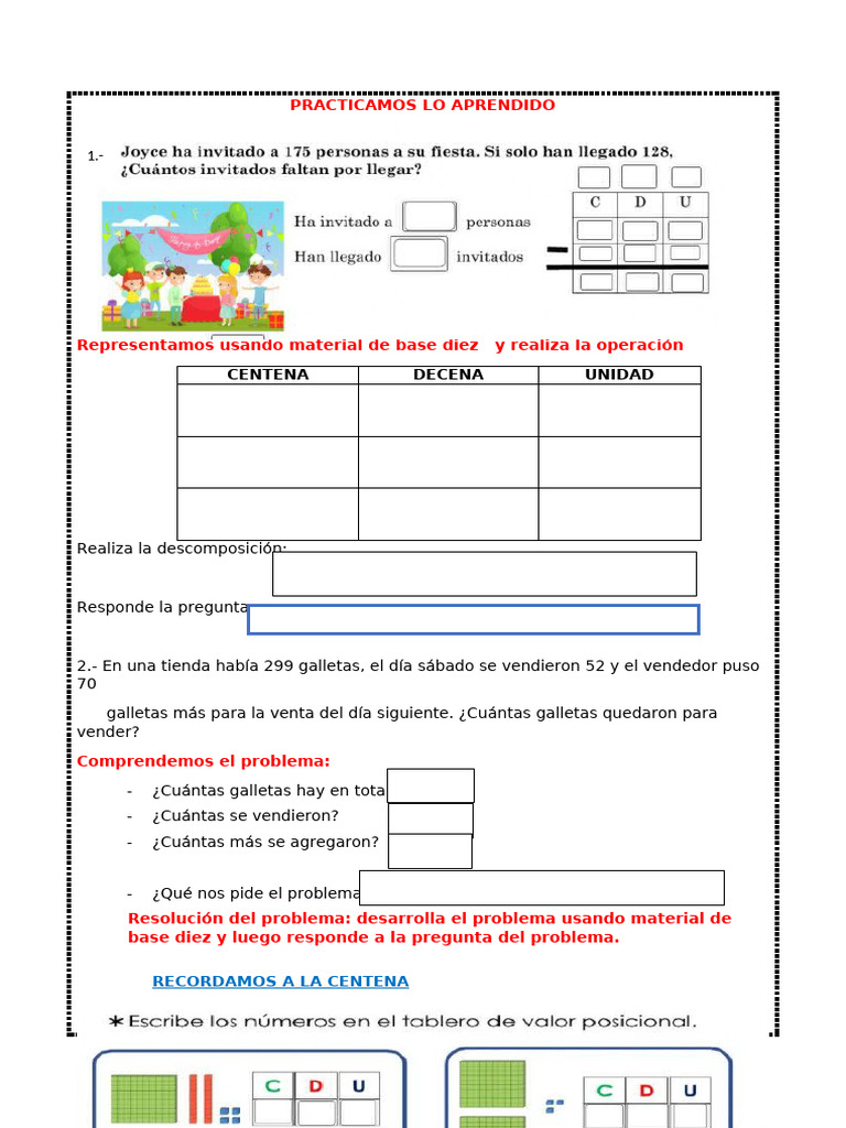 PRACTICAMOS LO APRENDIDO-ficha de Problemas Con Centena | PDF