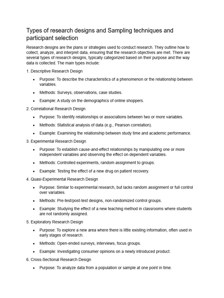 Types of Research Designs and Sampling Techniques and Participant Selection | PDF | Sampling ...