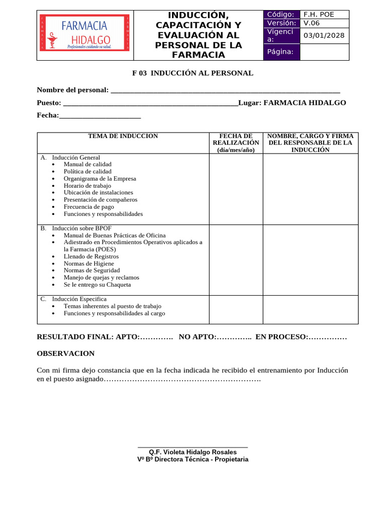Formato Induccion Al Personal | PDF