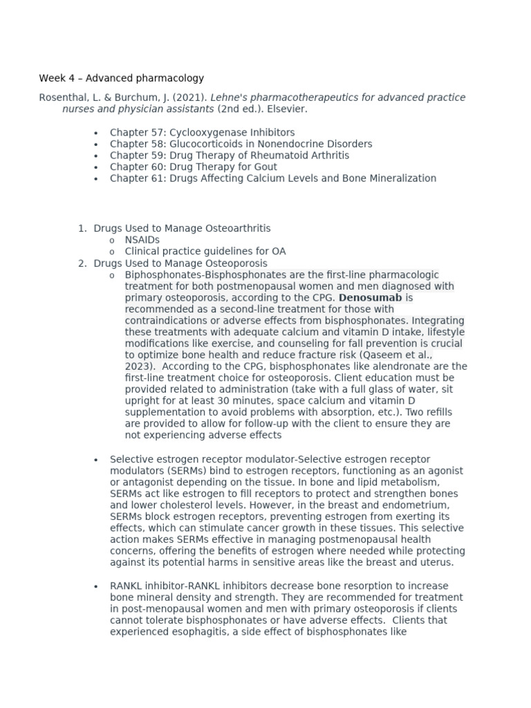Week 4 Advanced Pharmacology | PDF | Osteoporosis | Rheumatoid Arthritis
