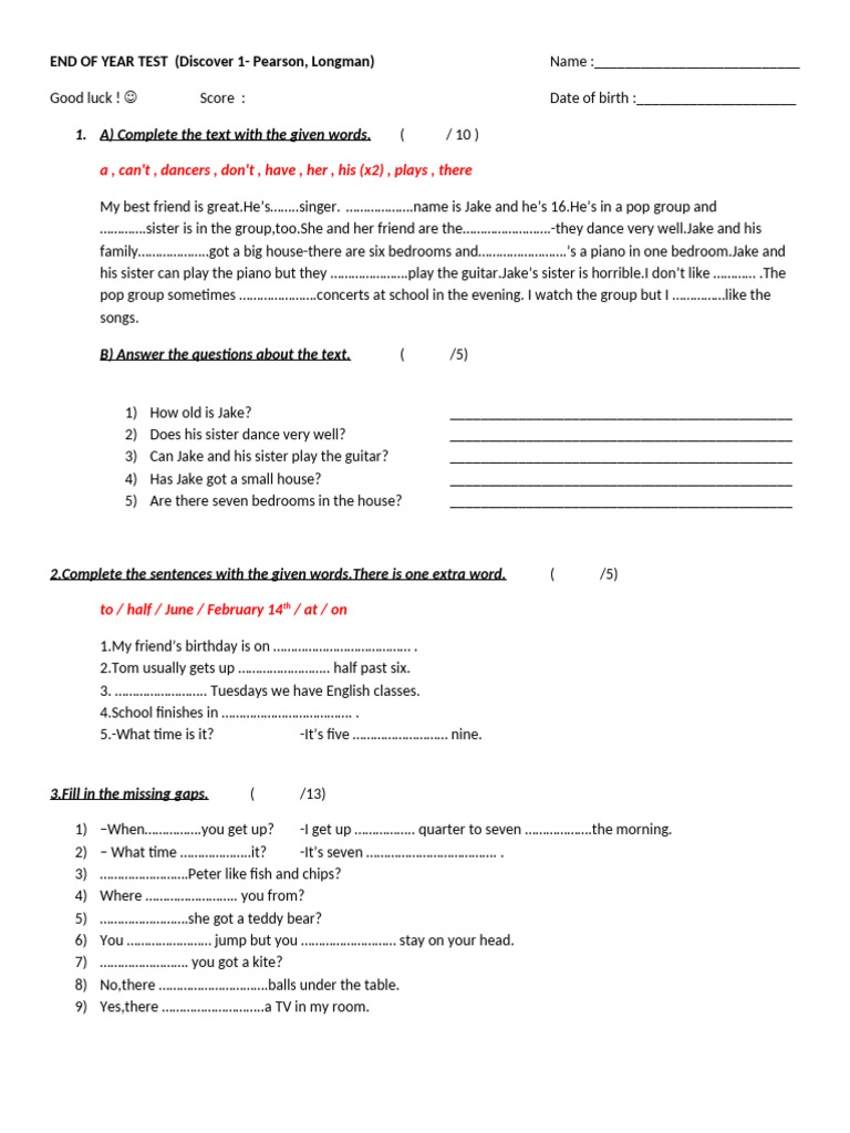 End of Year Test, Updated | PDF