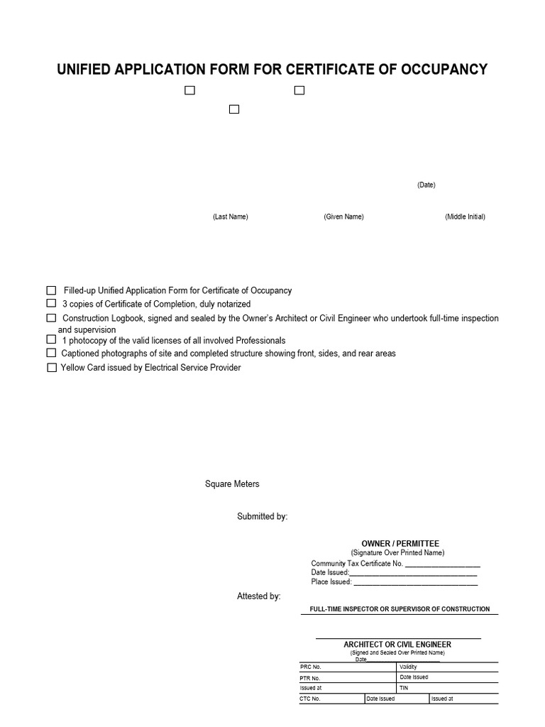 Unified Application Form For Certificate of Occupancy | PDF