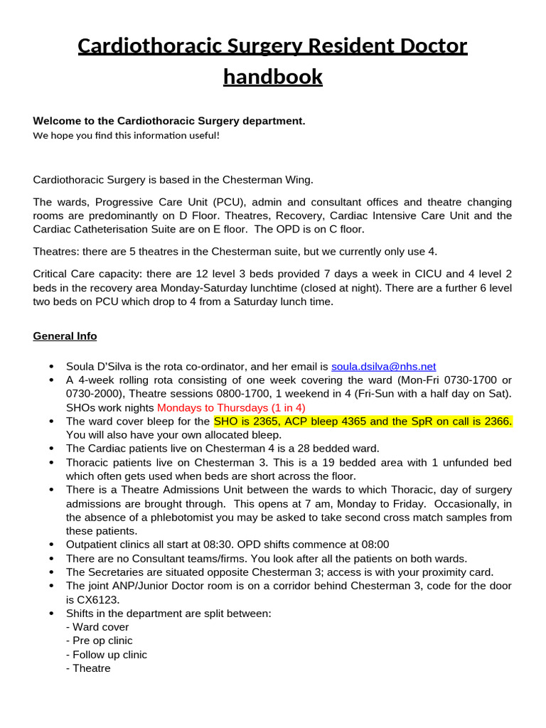 Cardiothoracic Surgery Resident Handbook | PDF | Heart | Cardiothoracic ...