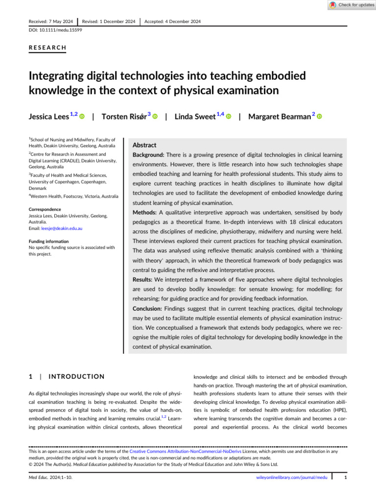 Medical Education - 2024 - Lees - Integrating Digital Technologies Into Teaching Embodied ...
