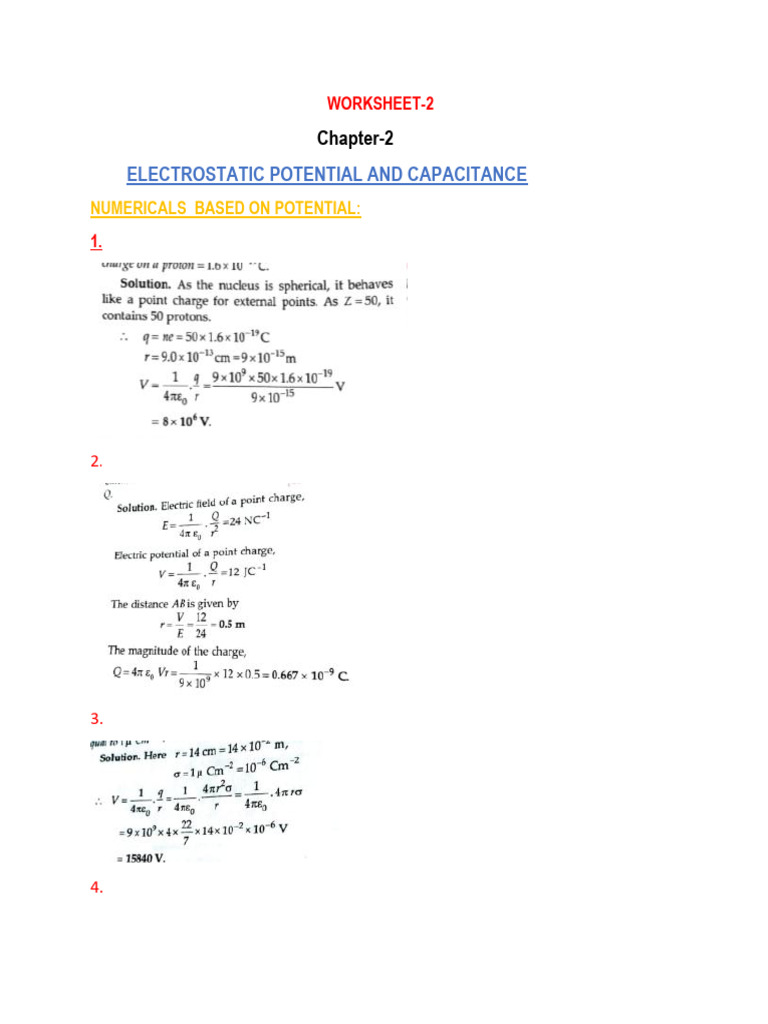 WORKSHEET-2 SOLUTIONS(ELECTROSTATIC POTENTIAL AND CAPACITANCE ) | PDF