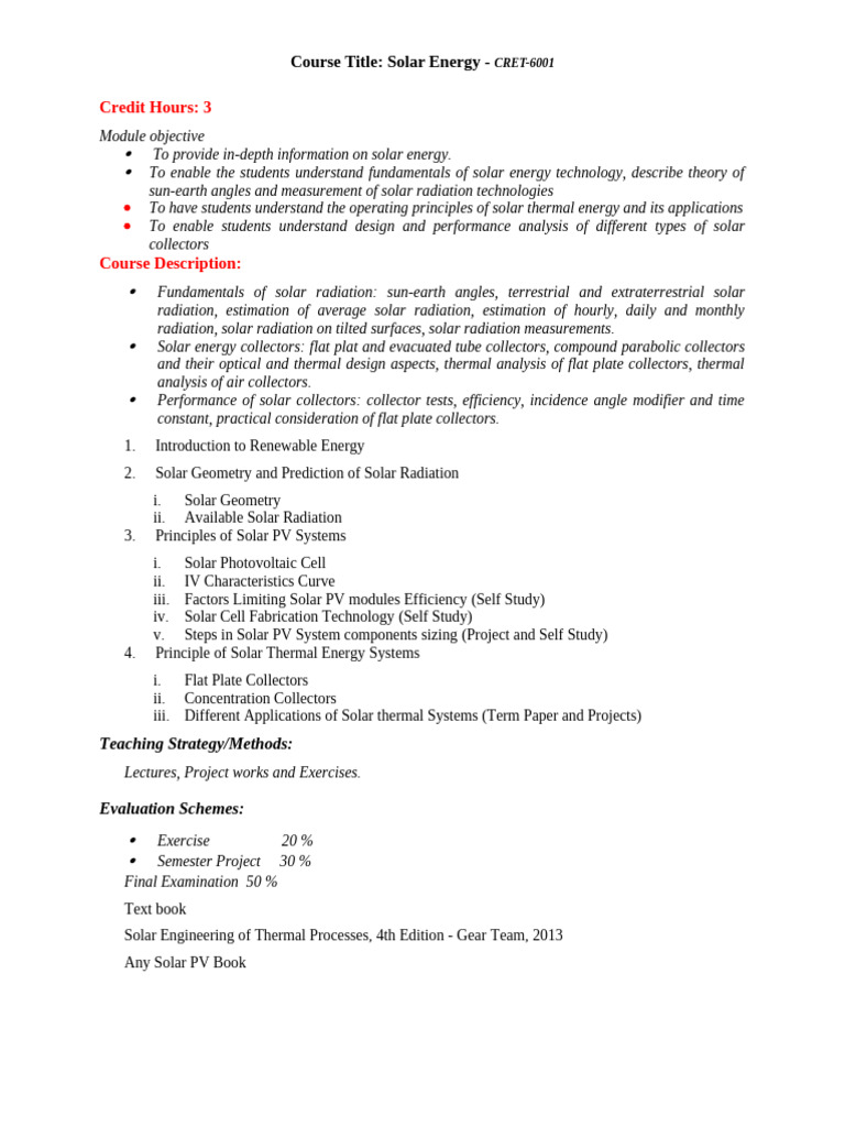 course outline Solar Energy AAiT_AAU | PDF