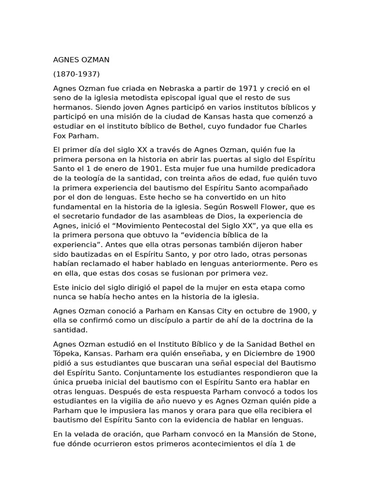 Biografía Agnes Ozman | PDF | Pentecostalismo | Religiones abrahámicas