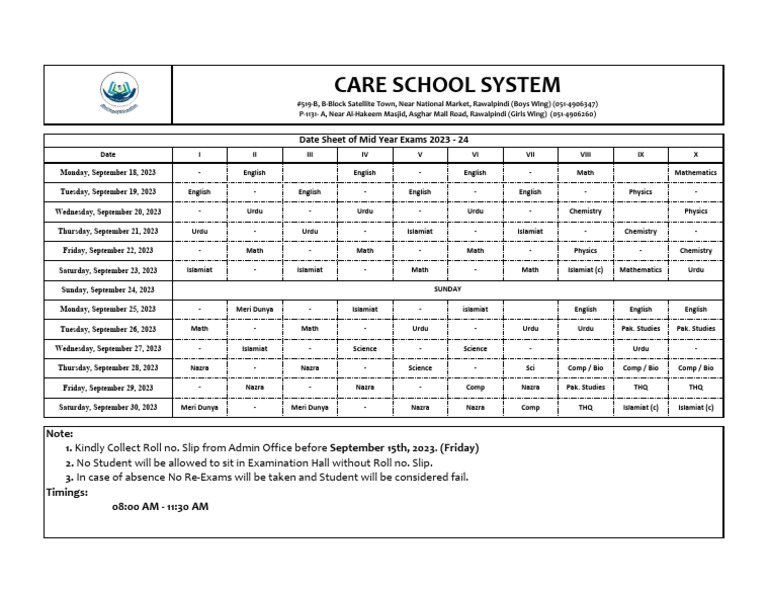 Date Sheet of Mid Year Exams September 2023 (I - X) | PDF