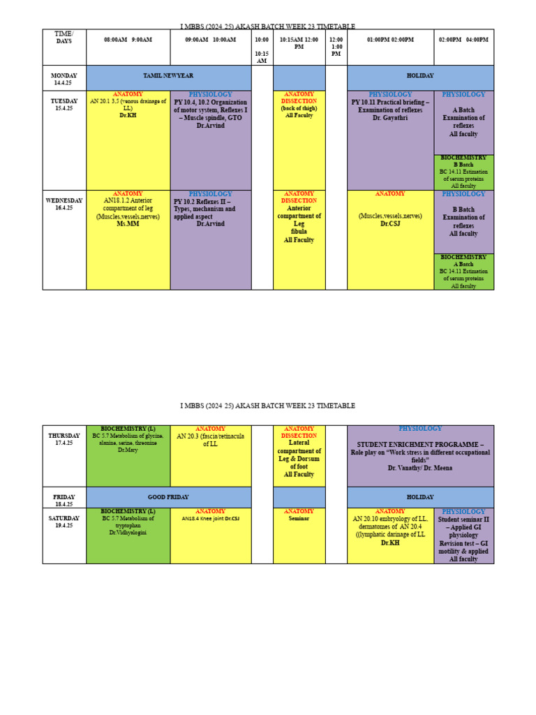 I MBBS (2024-25) Batch Week 23 Timetable | PDF | Anatomy