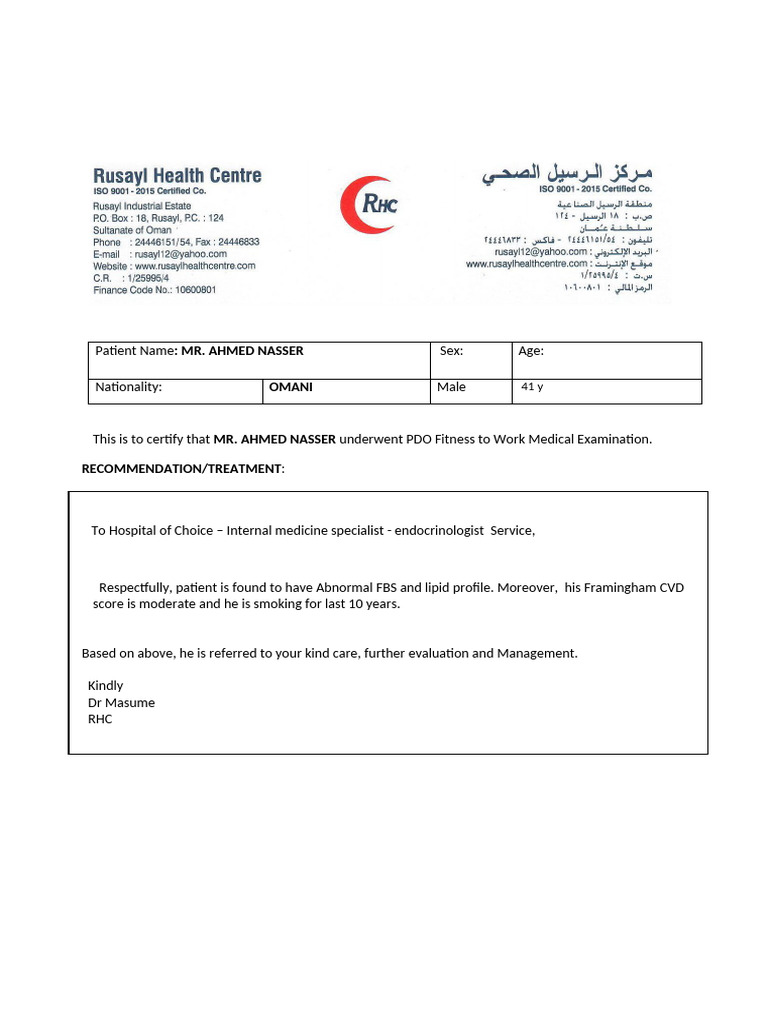Sample Medical Report - DR Masume | PDF