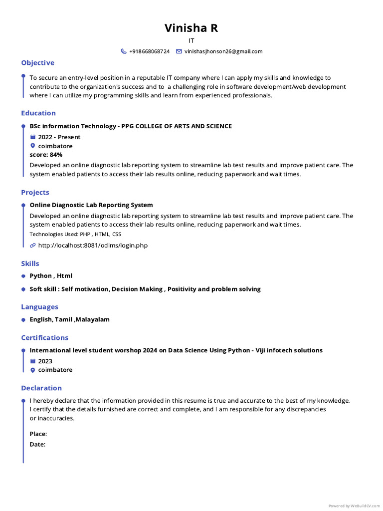 Vinisha R: Objective | PDF