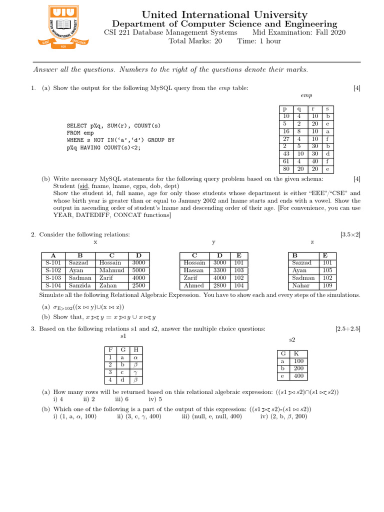 Mid Term Question 203 CSE221 | PDF | Databases | Data Management
