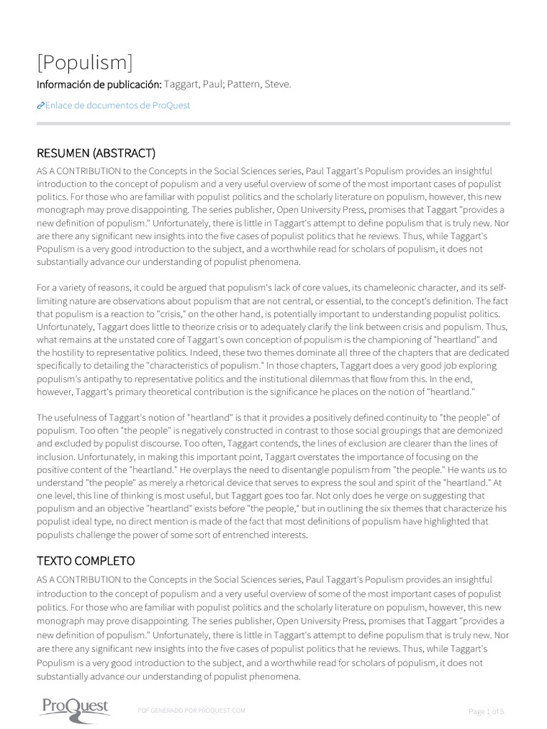 Understanding Populism: Taggart's Insights | PDF | Populism | Concept