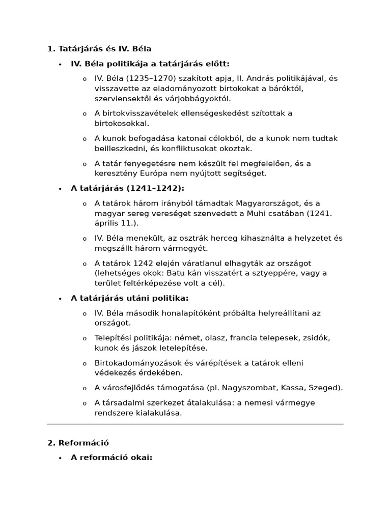 Tatárjárás És IV. Béla IV. Béla Politikája A Tatárjárás Előtt | PDF