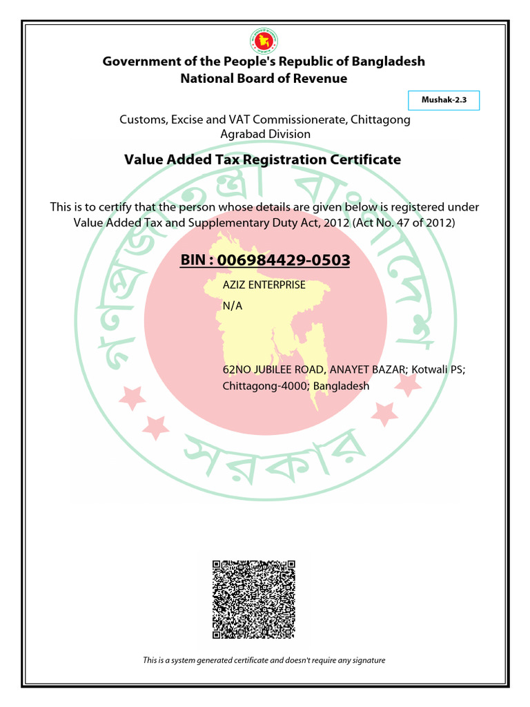 Mushak-2.3 BIN Certificate On 24.MAR.2025 | PDF