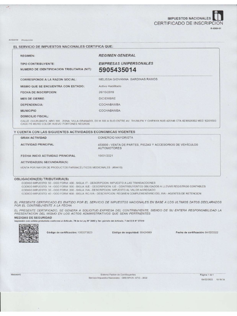 Certificado de Inscripcion | PDF