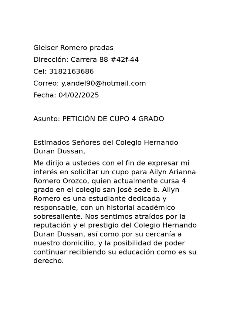 Carta de Cupo 4 | PDF