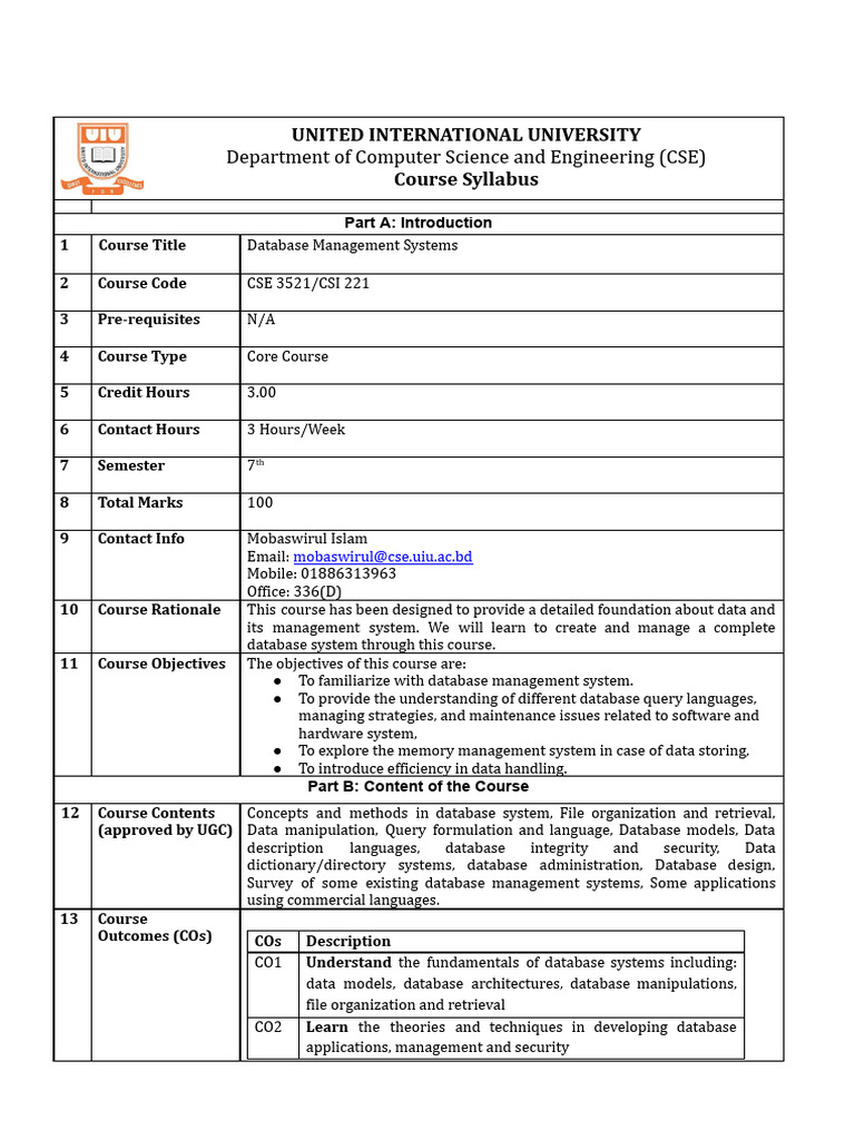 Course Outline 251 CSE3521 E MoIsm | PDF | Databases | Relational Database