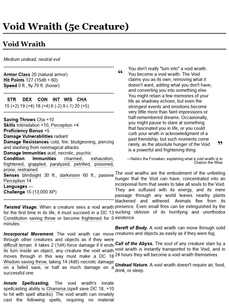 Void Wraith (5e Creature) - D&D Wiki | PDF | Ghosts
