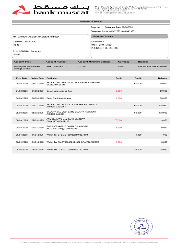 Zahid Naseem Account Statement 2025 | PDF | Debits And Credits | Payments