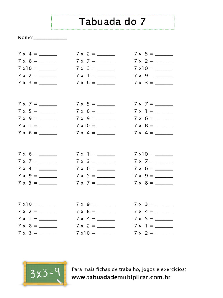 Tabuada Do 7 Fichas de Trabalho Ws4 | PDF