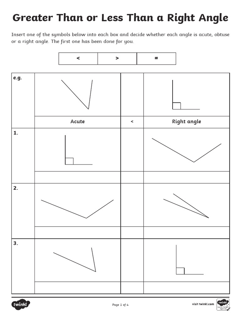t2 M 2655 Greater Than or Less Than A Right Angle Activity Sheet | PDF