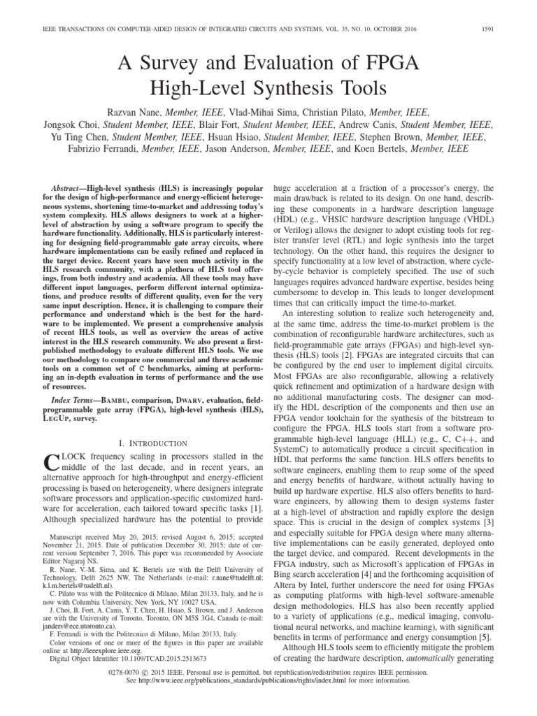 A Survey and Evaluation of FPGA High-Level Synthesis Tools | PDF | Field Programmable Gate Array ...