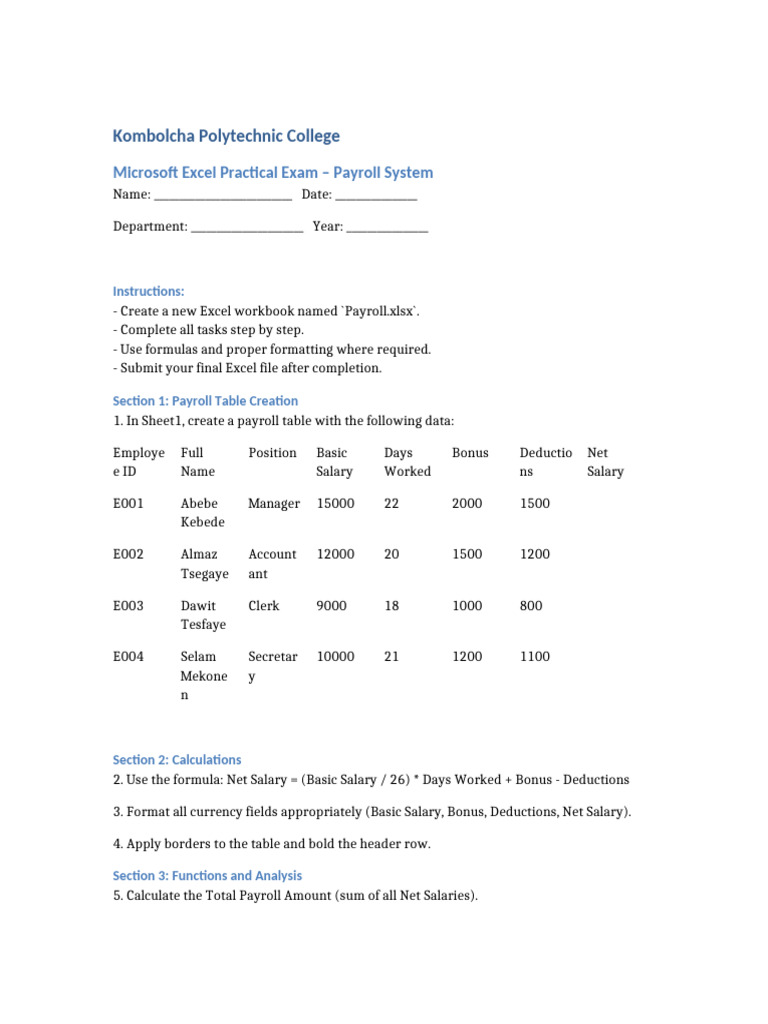 Excel Payroll Practical Exam | PDF