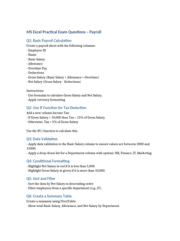 Excel Payroll Practical Questions | PDF