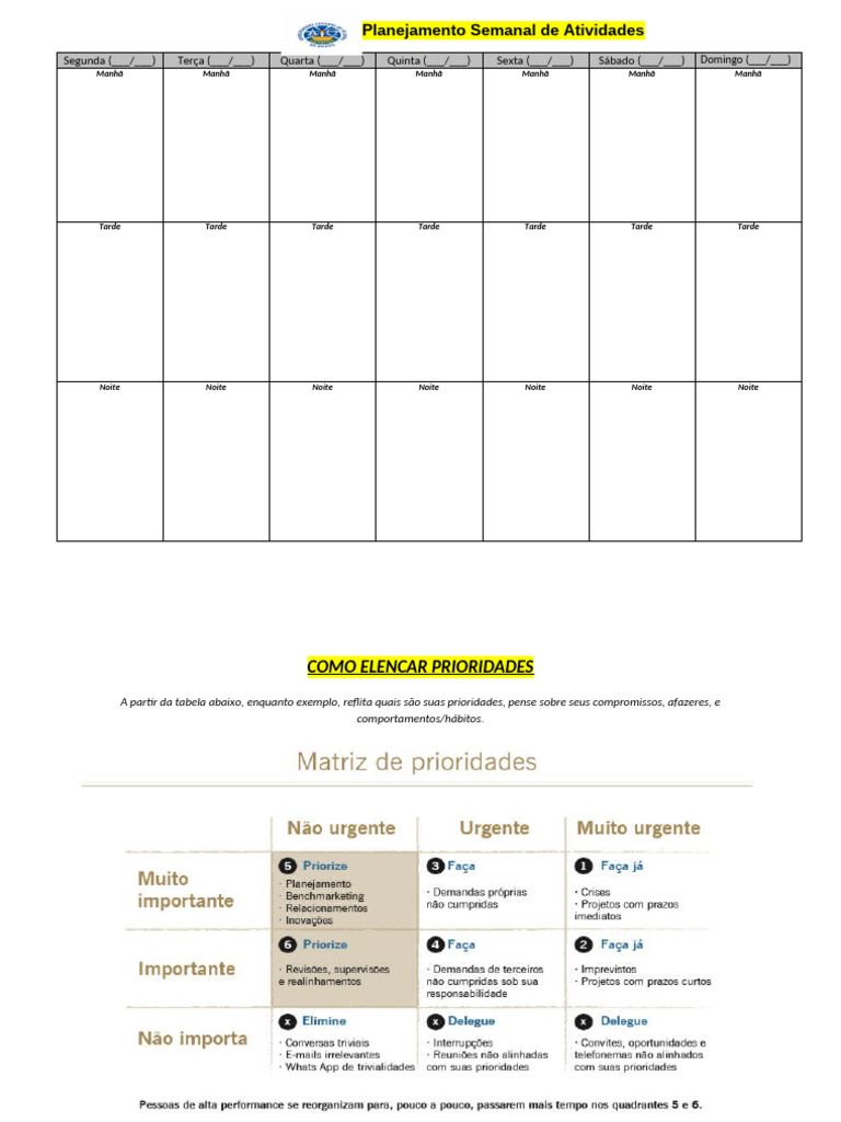 Planejamento Semanal de Atividades | PDF