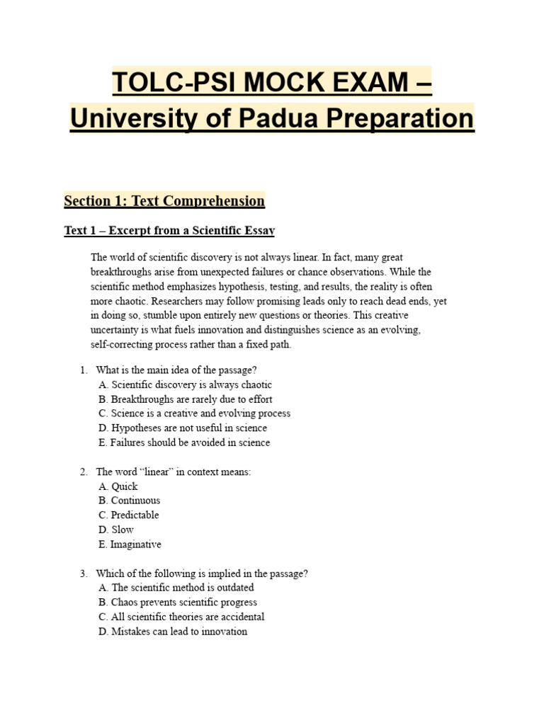 University of Padua Admission Exam Preparation - TOLC-PSI MOCK EXAM | PDF | Marie Curie | Hypothesis