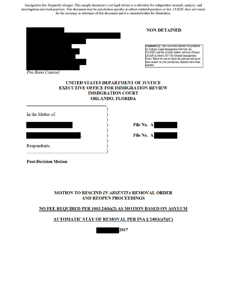 Sample-respondents Motion to Rescind in Absentia Removal Order and ...