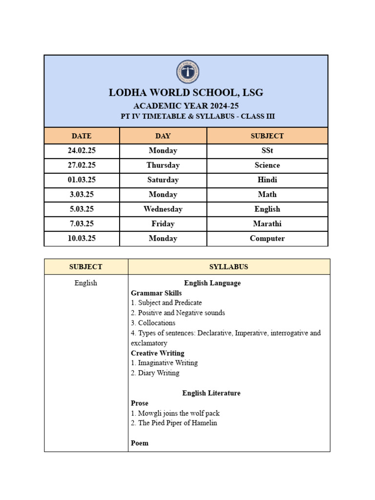 Class III - PT IV-TIMETABLE & SYLLABUS-2024-25 | PDF