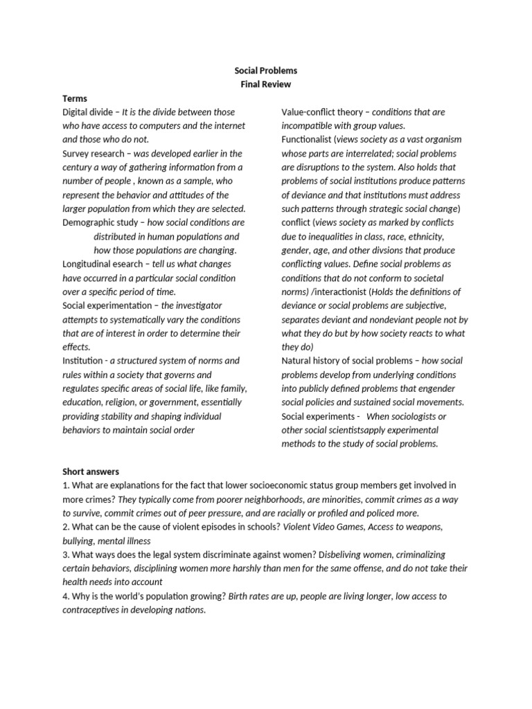 Final Review Social Problems | PDF | Deviance (Sociology) | Crimes